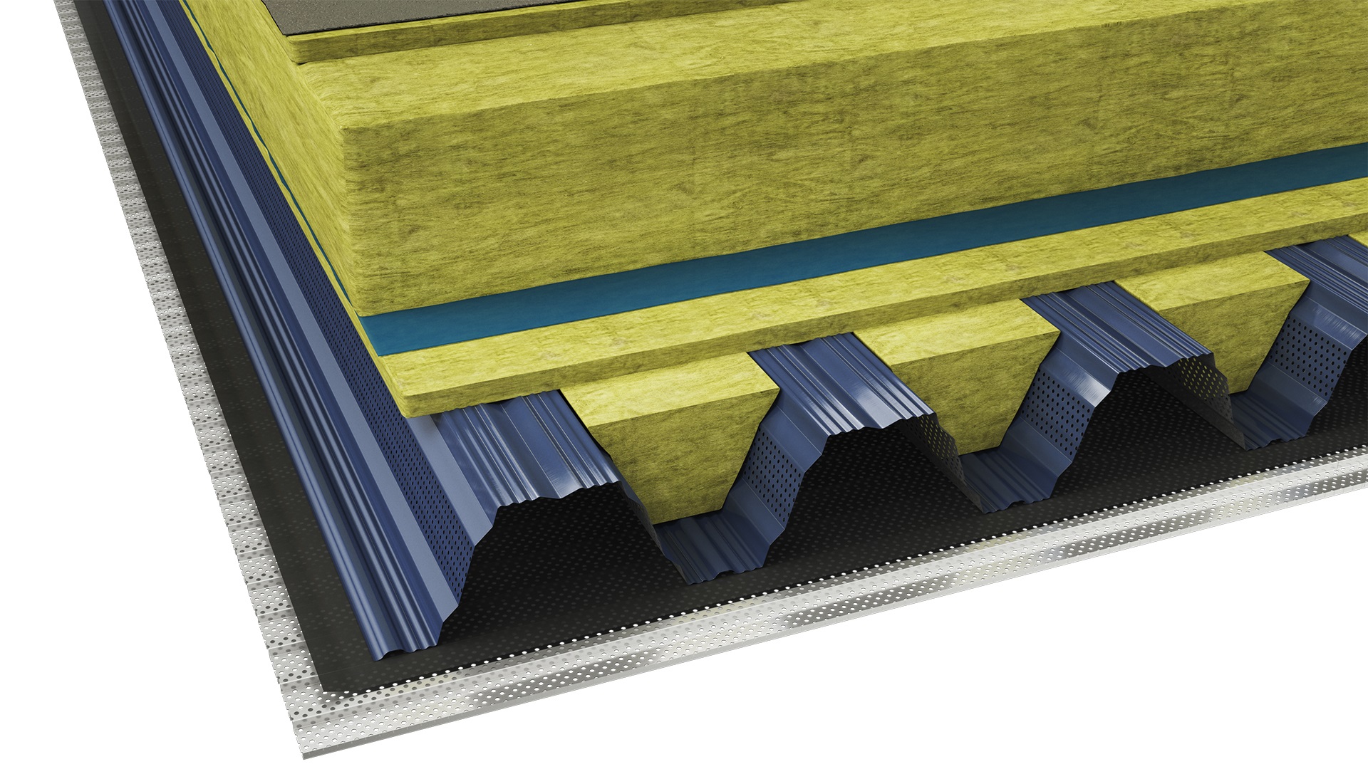 Ruukki T130M 3/15 web perforated + acoustic infill + Ruukki T20 3/30 ...