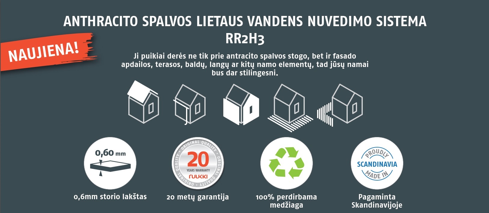 NAUJIENA: Antracito spalvos (RR2H3) Ruukki lietaus nuvedimo sistema